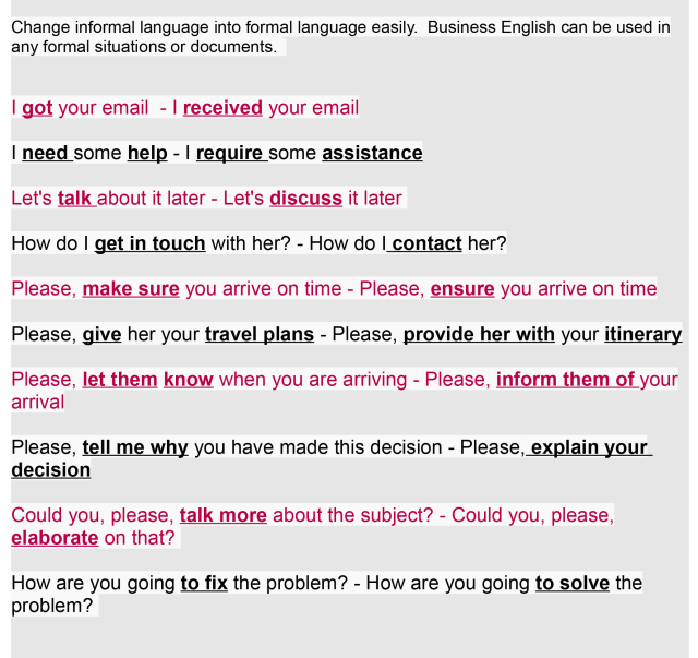 Change informal English into formal business language – English online ...